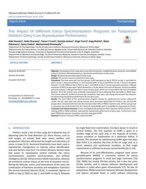 Pdf The Impact Of Different Estrus Synchronization Programs On Postpartum Holstein Dairy Cow