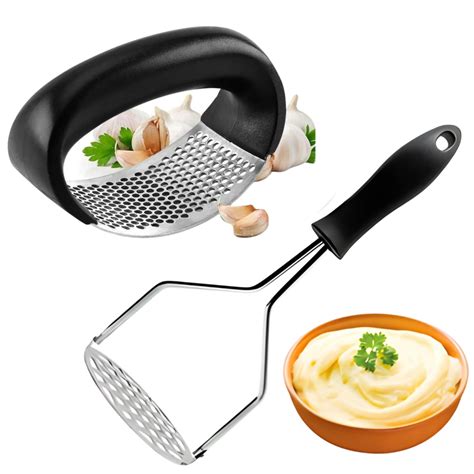 Kit Amassador De Batatas Inox E Amassador Espremedor De Alho Inox