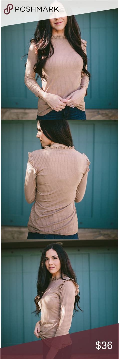 Ribbed Ruffle Mock Neck Top Chestnut