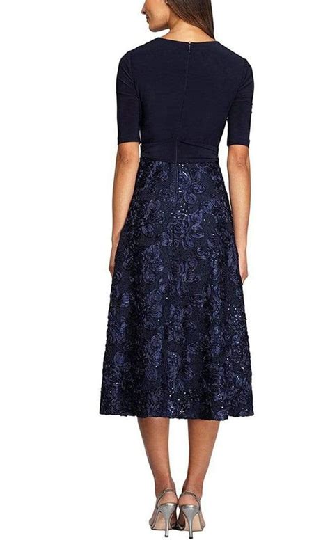 Alex Evenings 2121465 Surplice Jersey Rosette Lace Skirt Dress Alex