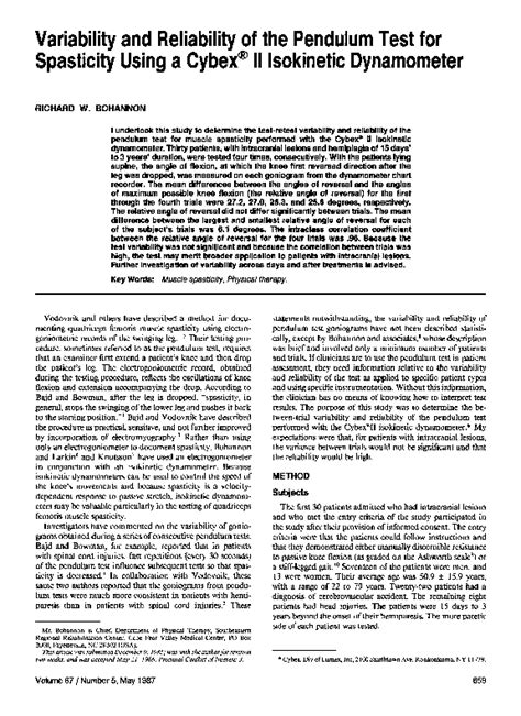 Pdf Variability And Reliability Of The Pendulum Test For Spasticity