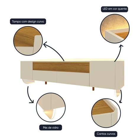 Rack Para Tv Até 85 Polegadas Com Led Com Pés Vidro Infinity 228cm 100 Mdf Madeiramadeira