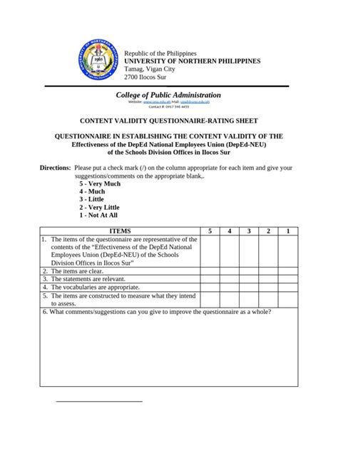 Validation Evaluation Sheet Effectiveness Of The Deped Neu Of The Sdos
