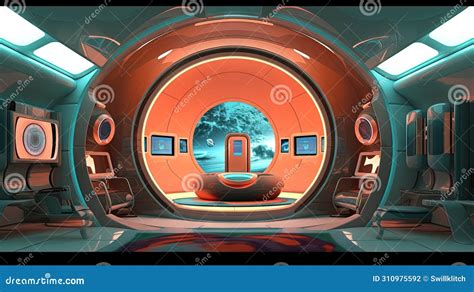 Spaceship Or Lab Interior In Retro Futuristic Sci Fi Style With Round Doors Stock Photo Image