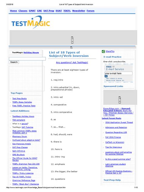 List Of 18 Types Of Subjectverb Inversion Pdf Subject Grammar Verb