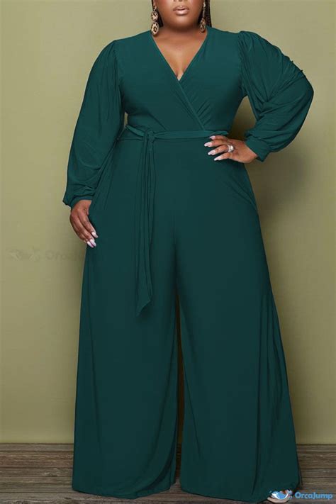 Orcajump Plus Size Black Solid V Neck Patchwork Bandage Jumpsuits