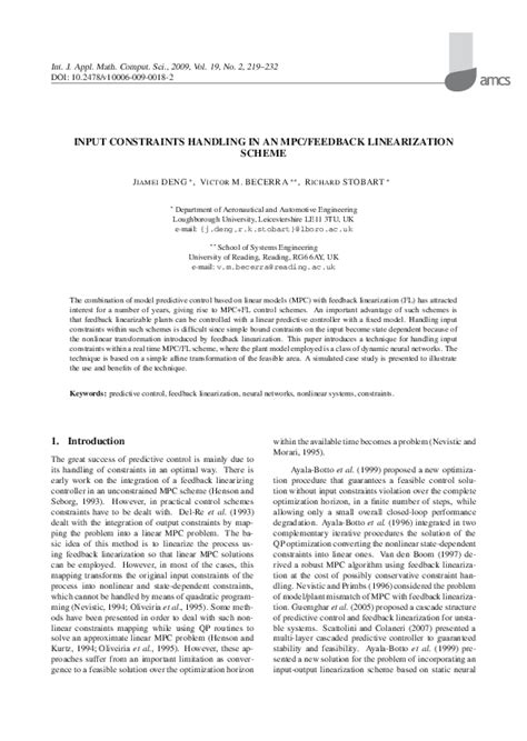 Pdf Input Constraints Handling In An Mpcfeedback Linearization Scheme
