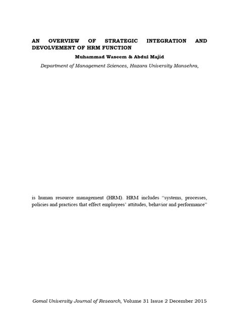 An Overview Of Strategic Integration And Devolvement Of Hrm Function Pdf