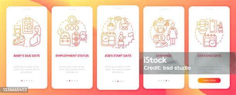 출산 급여 요구 사항 계산 빨간 그라데이션 온보딩 모바일 앱 페이지 화면 Brand Name Smart Phone에 대한 스톡 벡터 아트 및 기타 이미지 Brand