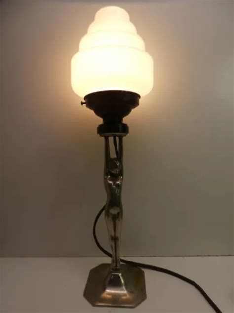 ART DECO CHROME Diana Naked Lady Statue Lamp Beehive Glass Lightshade