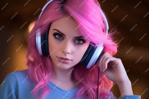 Premium Ai Image Beautiful Girl Pink Hair Gaming Headphones