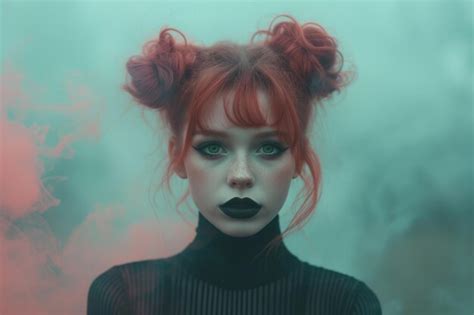 Premium Photo Striking Redhead Woman With Two Buns Intense Green Eyes And Black Lipstick