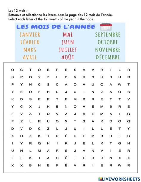 Les 12 mois de l année worksheet Meses em frances Palavras França