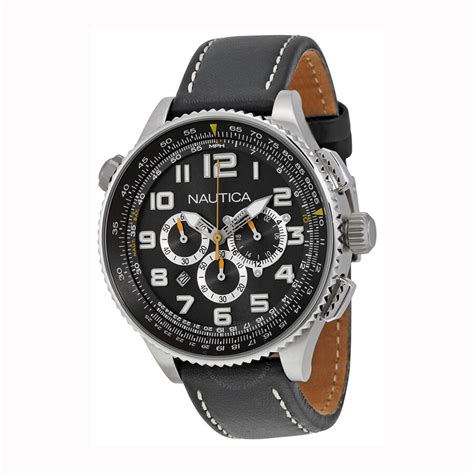 Nautica Chronograph Grey Dial Black Leather Strap Men's Watch A25013G ...