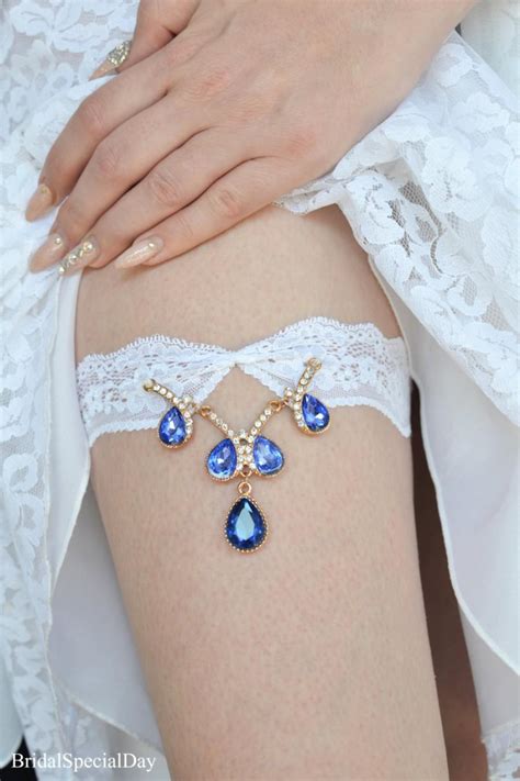 White Lace Wedding Garter Set With Royal Blue Stone Applique Bridal