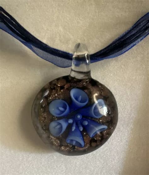 Hand Blown Glass Pendant Necklace~ Blue Murano Style ~ Boxed~ Ribbon