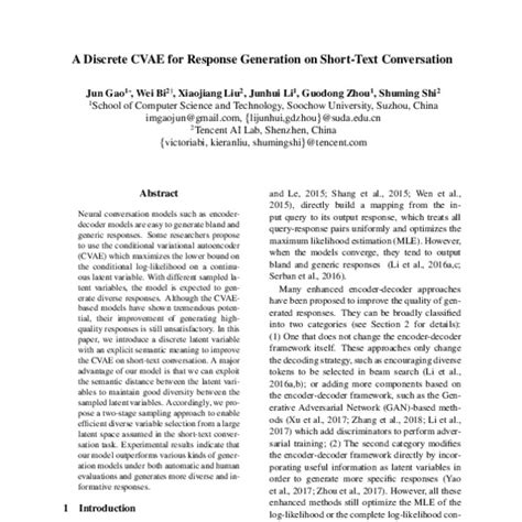 A Discrete Cvae For Response Generation On Short Text Conversation Acl Anthology