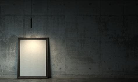 바닥에 서 검은 프레임에 빈 빈 흰색 포스터와 황혼의 어두운 방 복사 공간이있는 로프트 스타일의 우울한 인테리어 3d 렌더링