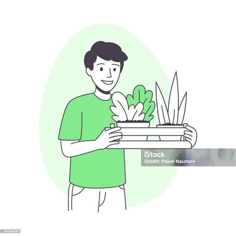 화분에 식물을 나르는 남자 캐릭터는 녹지 개요 벡터 일러스트레이션을 재배하고 경작한다 개념에 대한 스톡 벡터 아트 및 기타