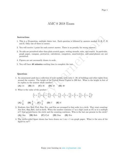 Amc 8 2018 Exam Ivy Learner