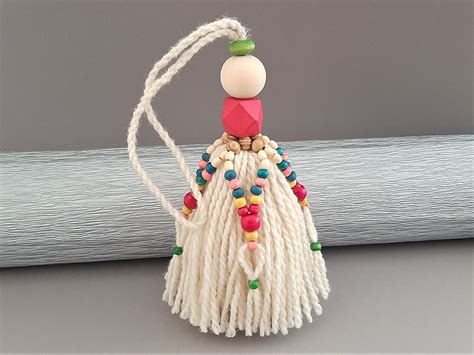 63 White Beaded Tassel 100 Wool Tassel Large Wooden Beads Tassel
