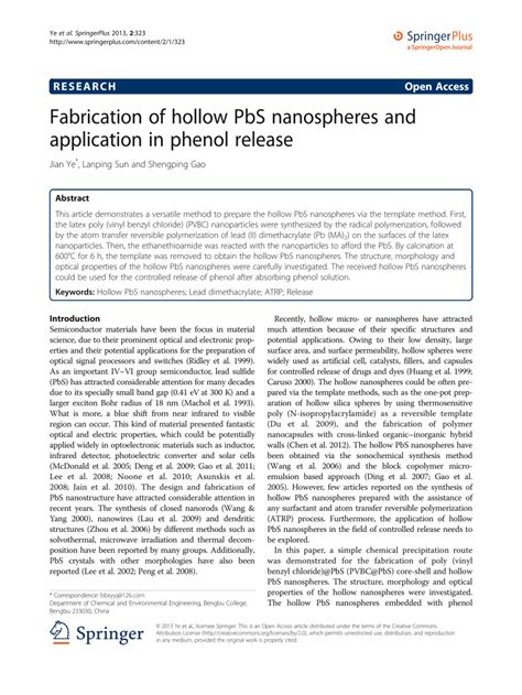 Pdf Fabrication Of Hollow Pbs Nanospheres And Application In Phenol