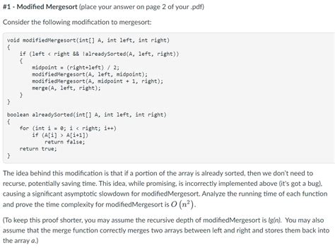 Solved 1 Modified Mergesort Place Your Answer On Page 2