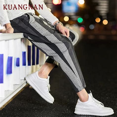 Kuangnan Striped Linen Pants Men Jogger Japanese Streetwear Joggers Men