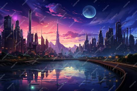 Premium Ai Image Anime City Skyline With A River And A Full Moon