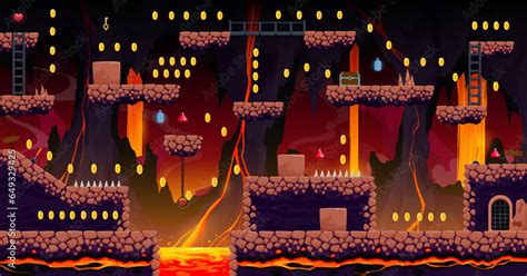 Arcade Game Volcano Cave Level Map With Stone Platforms Lava Ladders And Game Items Vector