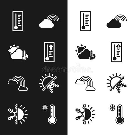 Set Meteorology Thermometer Thermometer And Cloud Sun Rainbow With
