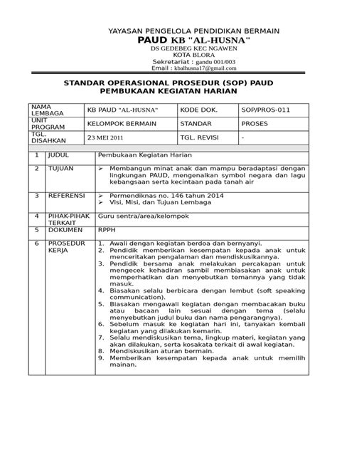 11 Sop Paud Pembukaan Kegiatan Harian Pdf