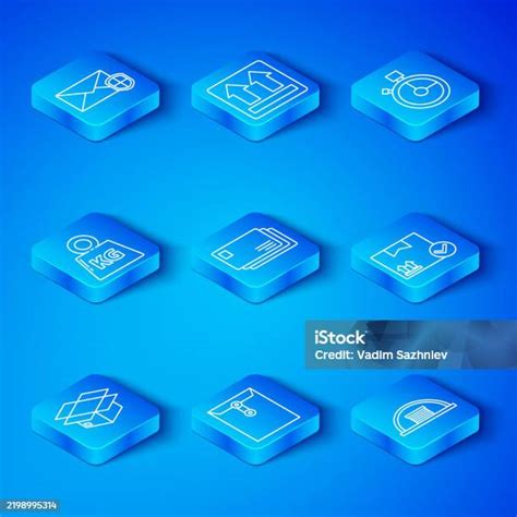 세트 선 판지 판지 상자 봉투 체크 표시가 있는 패키지 빠른 시간 배송 무게 방패 및 격납고 아이콘 벡터 3차원 형태에 대한