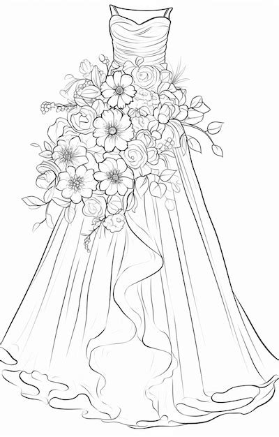 Premium Photo A Line Drawing Of A Wedding Dress With Flowers