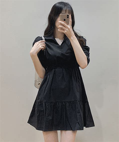 살랑깔끔 카라 플레어 캉캉 브이넥 키작녀 코튼 바스락 미니 원피스 Y2k 꾸안꾸 키작녀 328 에이블리