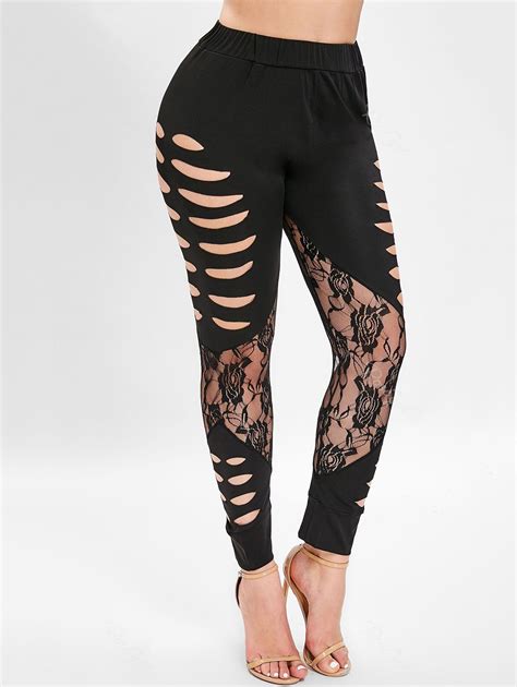 37 Off Ripped Lace Insert Plus Size Leggings Rosegal