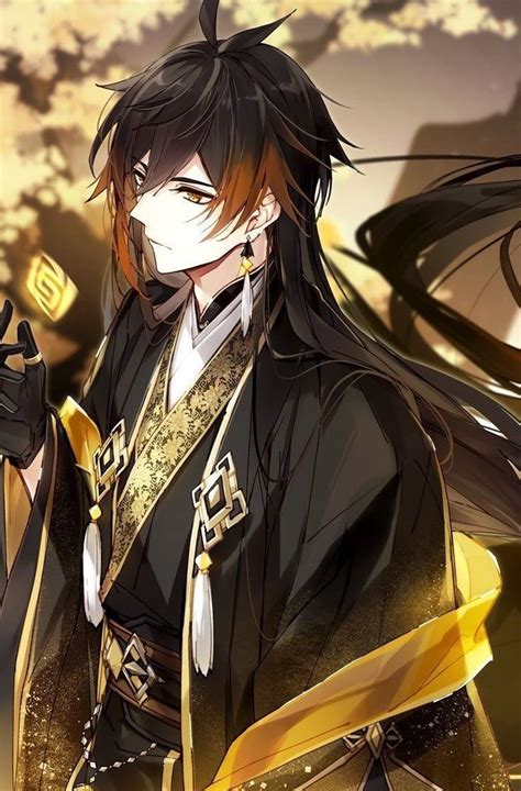An Anime Character With Long Black Hair And Gold Trimmings Holding His
