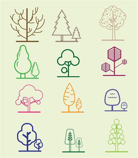 Colored Tree Outline Isolated In Linear Line Style Set Forest Tree Garden And Park Flat Signs