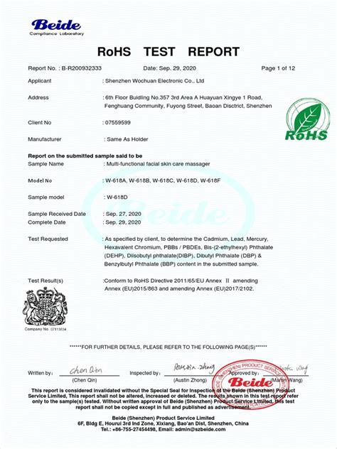 Rohs Compliance Test Report For Multi Functional Facial Skin Care