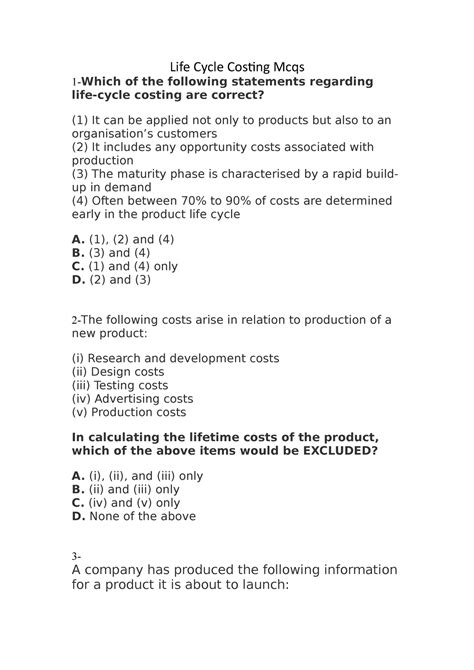 Product Life Cycle Costing Multiple Choice Questions Life Cycle