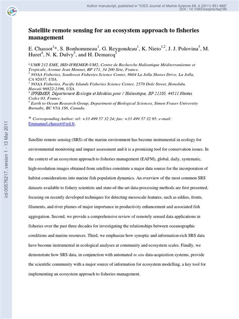 Pdf Satellite Remote Sensing For An Ecosystem Approach To Fisheries