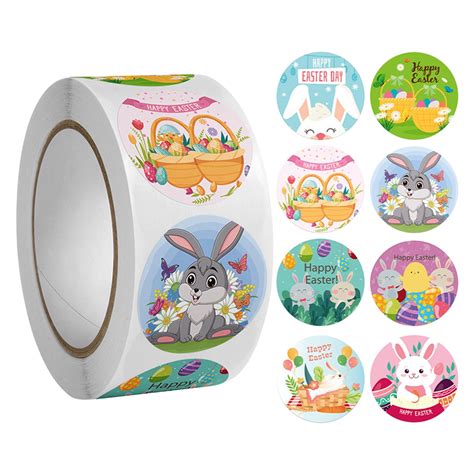 Bkbp 500 Pcs Easter Stickers Roll 1 Inch Cute Egg Bunny Rabbit Holiday