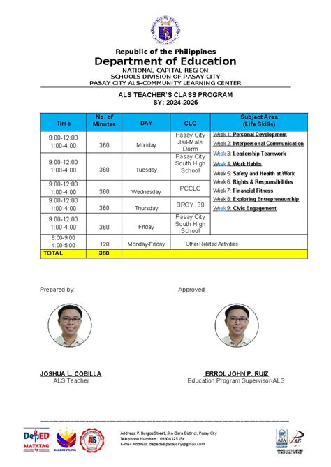 Als Class Program Template Address P Burgos Street Sta Clara