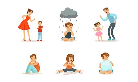 슬픈 우울한 아이들 세트 불행한 스트레스 외로운 아이 부모와의 충돌 아버지와 어머니가 어린이 만화 벡터 일러스트레이션 개체 그룹에 대한 스톡 벡터 아트 및 기타 이미지