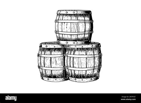 Oak Wooden Barrel Hand Drawn Sketch Engraving Style Vector Illustration