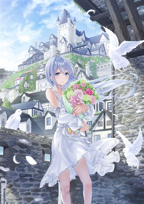 Safebooru 1girl Bangs Blue Hair Blue Sky Blush Bouquet Building