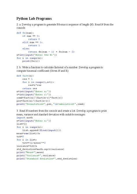 Python Lab Programs Lab Manual Python Lab Programs 2 A Develop A