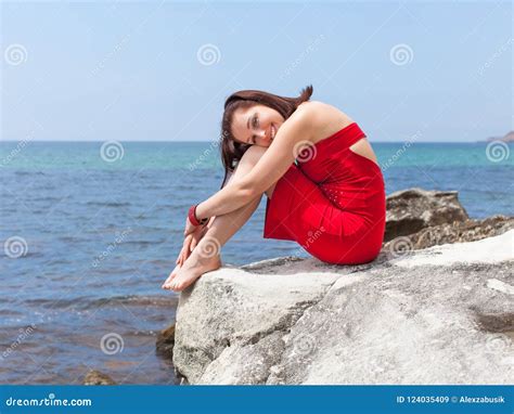 Barefoot Girl On Wild Rocky Seashore Stock Image Image Of Coast Bent