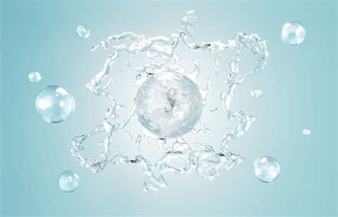 화장품 하이드로 에센스 워터 모이스처라이저 물 배경에 액체 스플래시 거품 또는 분자 화학 구조 화장품 수력 전기 힘 처리 천연