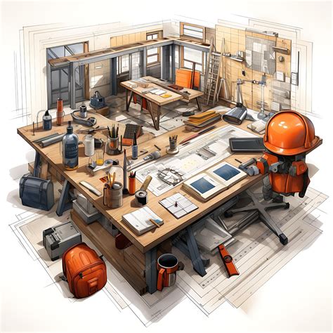 Premium Photo Watercolor Civil Engineer Room With Drafting Tools Blueprints Construct Clipart